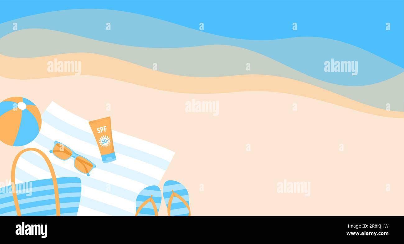 Beach towel, bag, flip flops, ball, sunscreen lotion and sunglasses on ...