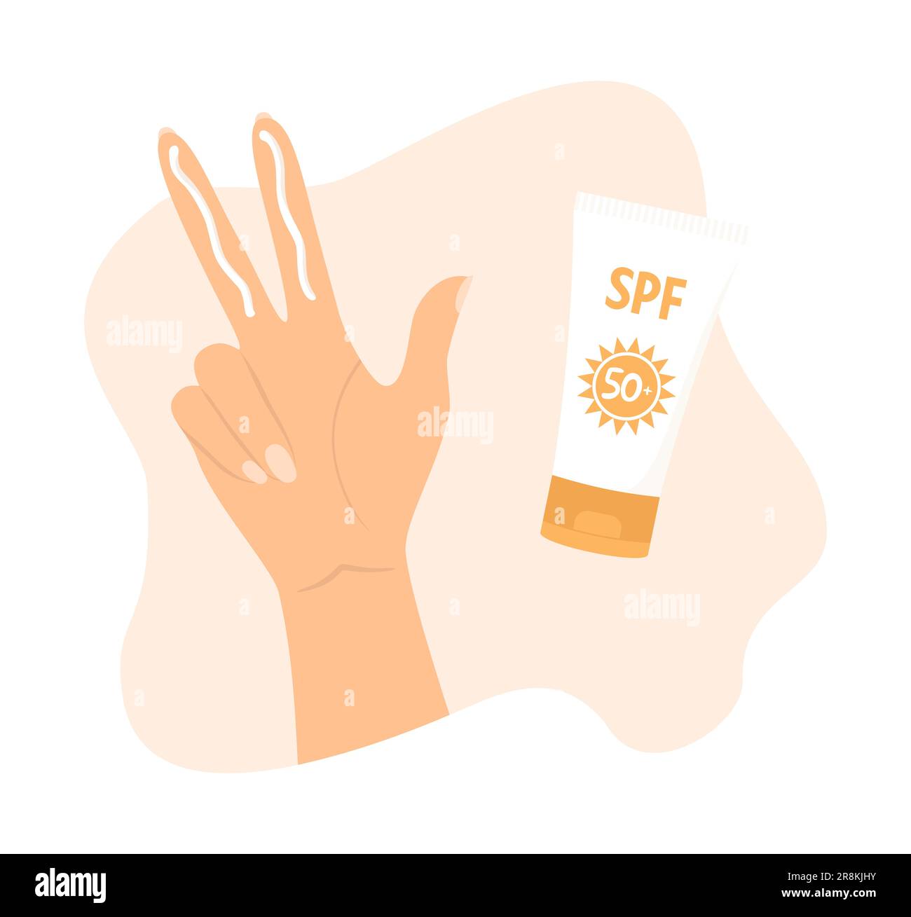 A hand with cream on the fingers and a tube of sunscreen. Instructions ...