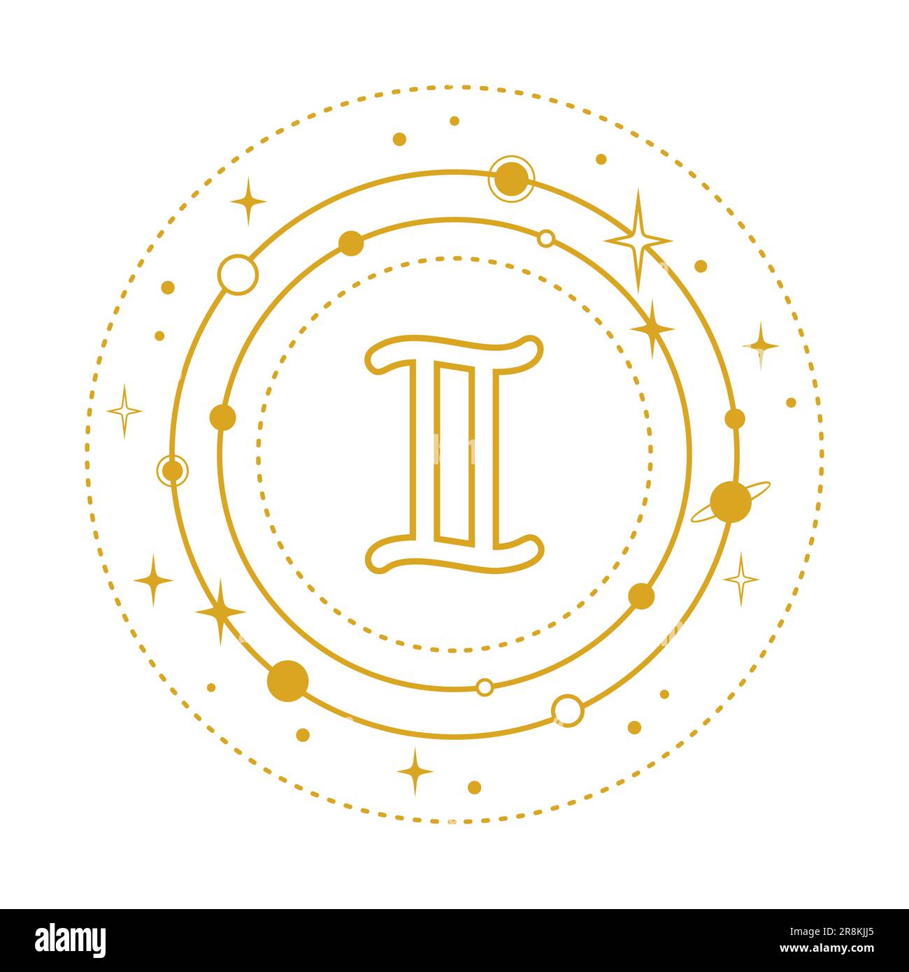 Golden Gemini sign stylized with planets and stars in orbits on a white ...