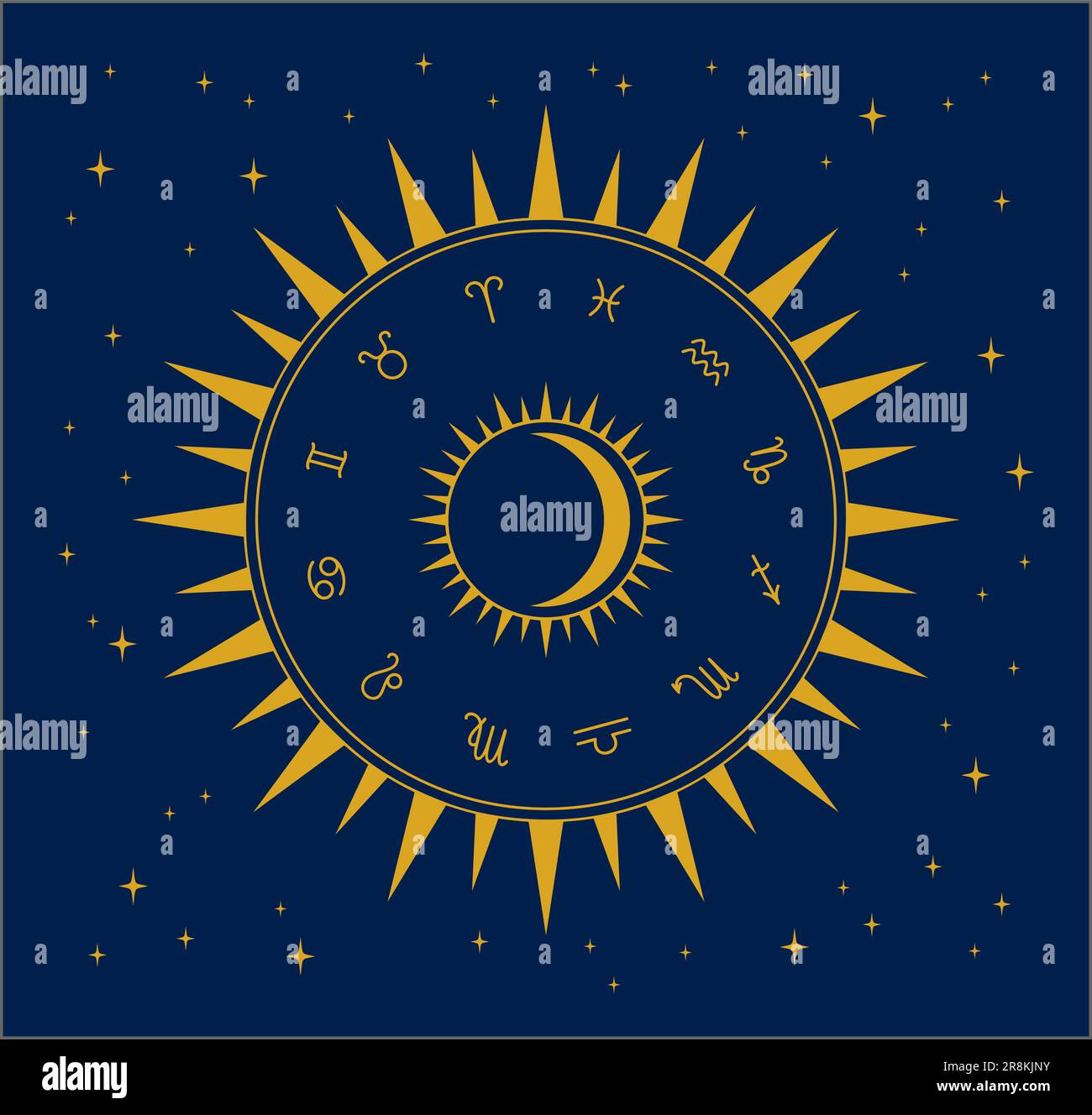 Gold zodiac circle with zodiac signs on a dark blue starry background ...