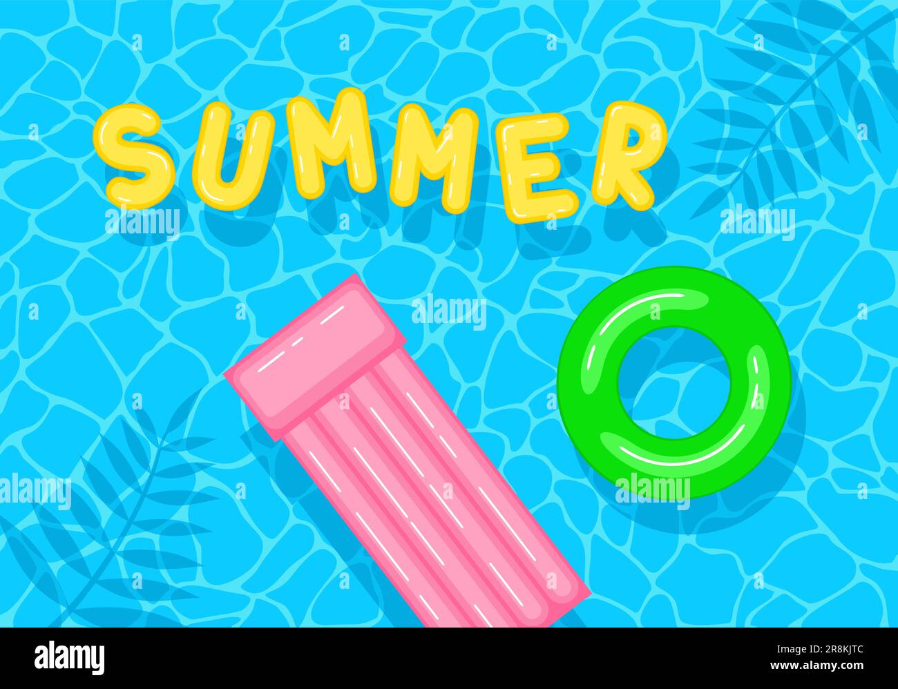 Swimming pool with floating inflatable circle, air mattress and word ...