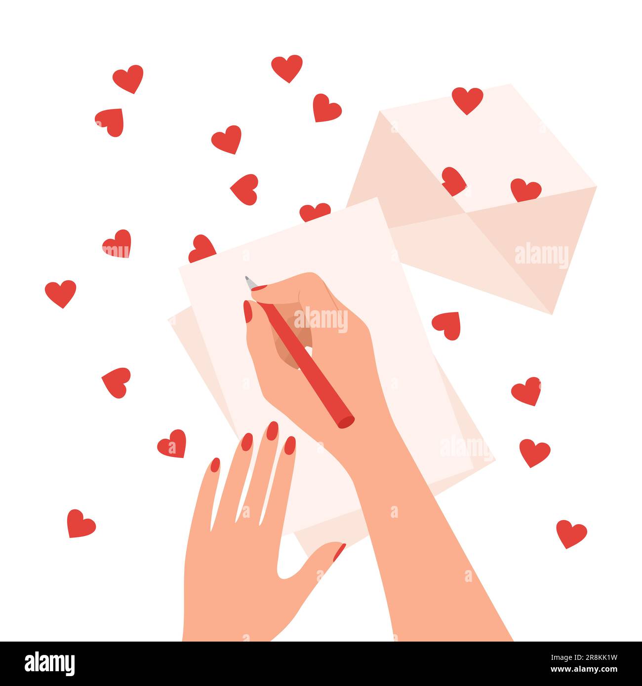 Hand writing letter, envelope and scattered red hearts on white ...