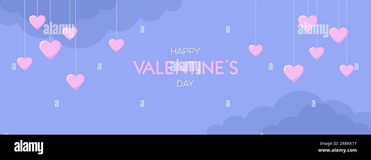 Valentine's day greeting banner. Pink hanging hearts, greeting text and ...