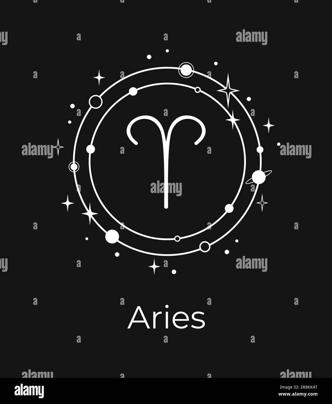 White Aries sign with planets and stars on a black background Stock ...