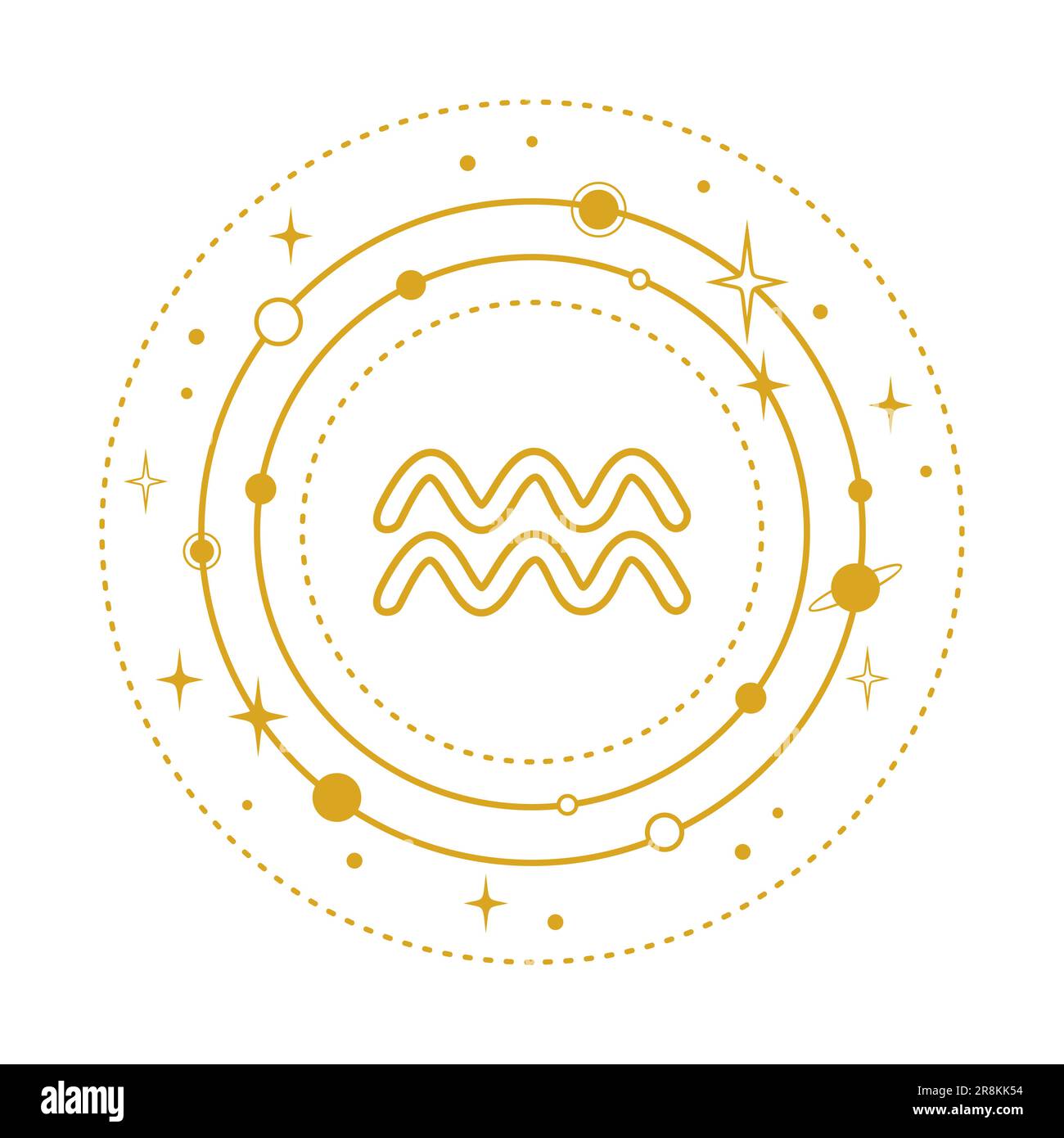 Golden Aquarius sign stylized with planets and stars in orbits on a ...