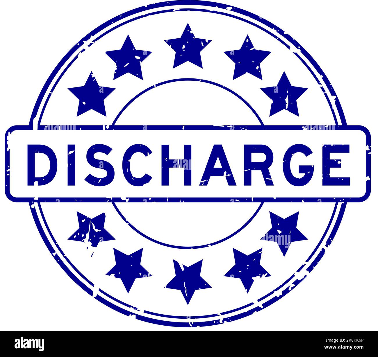 Grunge blue discharge word with star icon round rubber seal stamp on ...