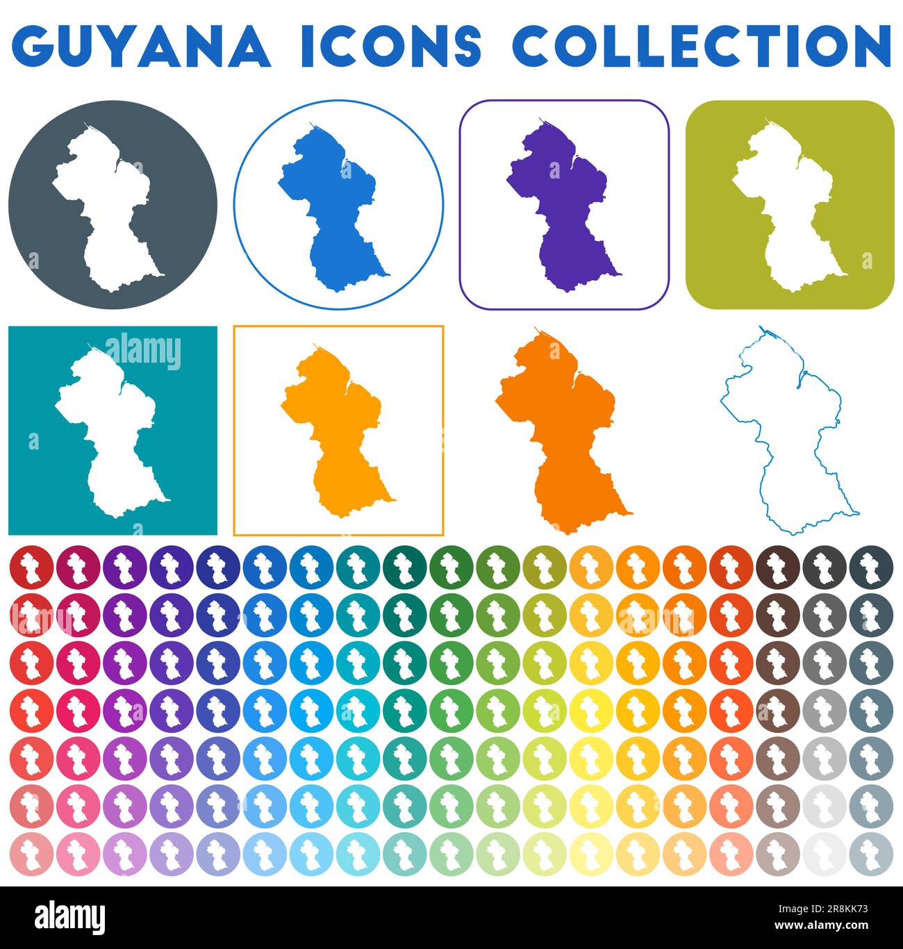 Guyana icons collection. Bright colorful trendy map icons. Modern Guyana badge with country map ...