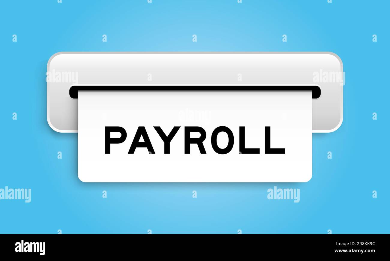 White coupon banner with word payroll from machine on blue color ...