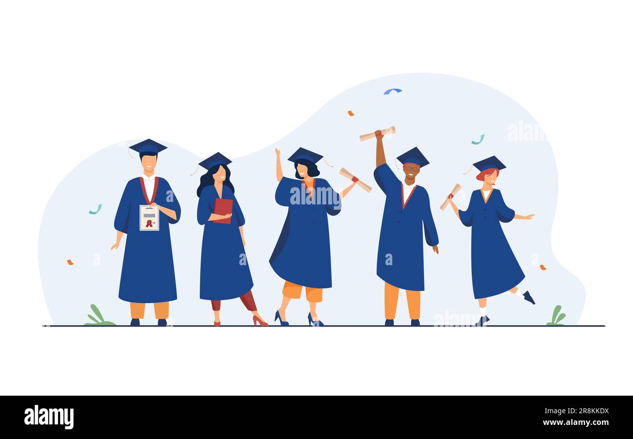 Happy diverse students celebrating graduation from school Stock Vector ...