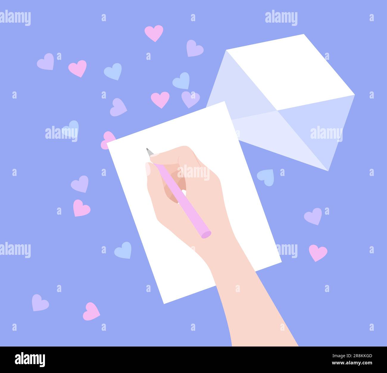 Hand writing letter, envelope and scattered hearts on purple background ...