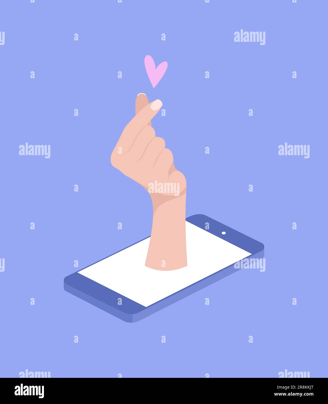 A hand with a heart sign coming out of the screen of a lying isometric ...