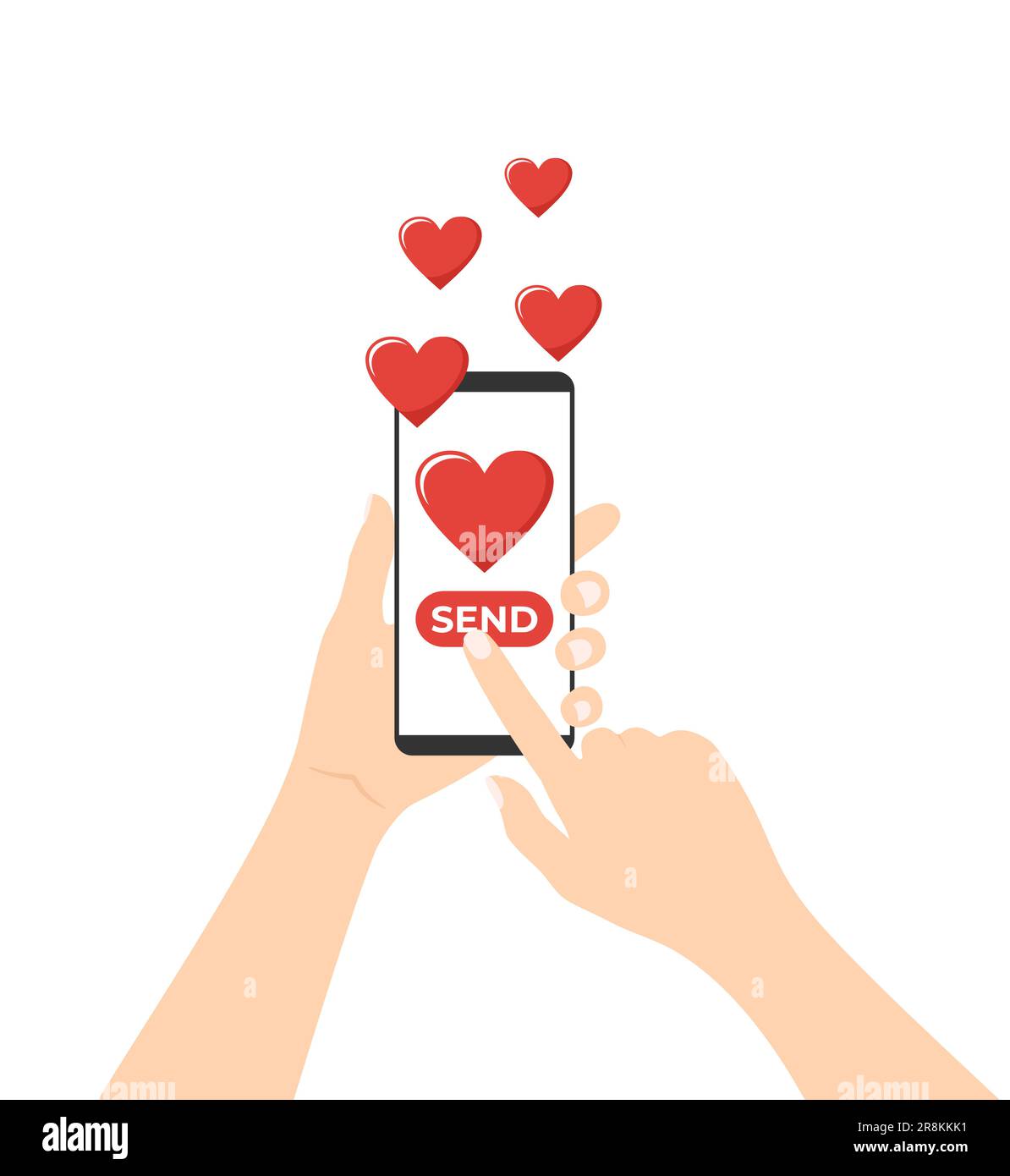 Hands holding mobile phone with flying hearts on white background ...