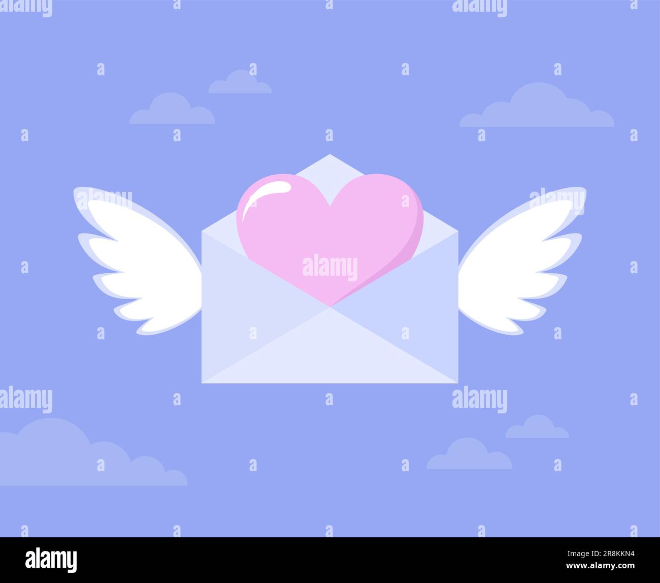 Flying envelope with pink heart inside and wings on a purple cloudy ...