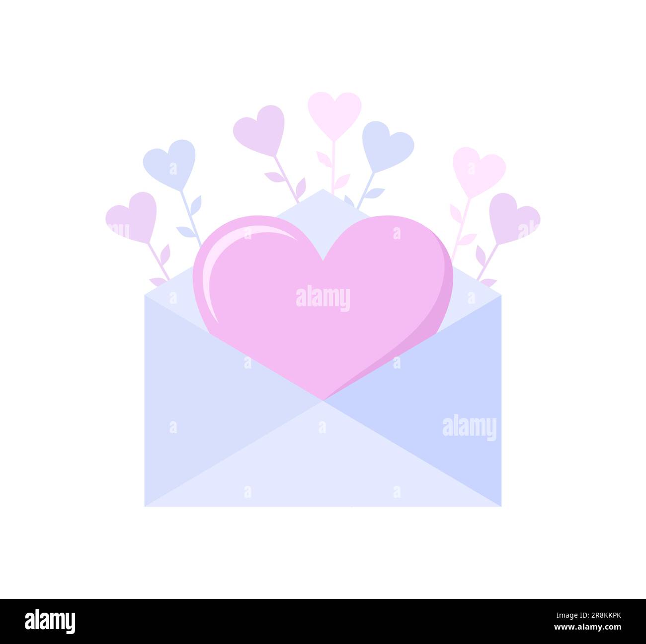 Envelope with big heart inside and hearts on stems around on a white ...