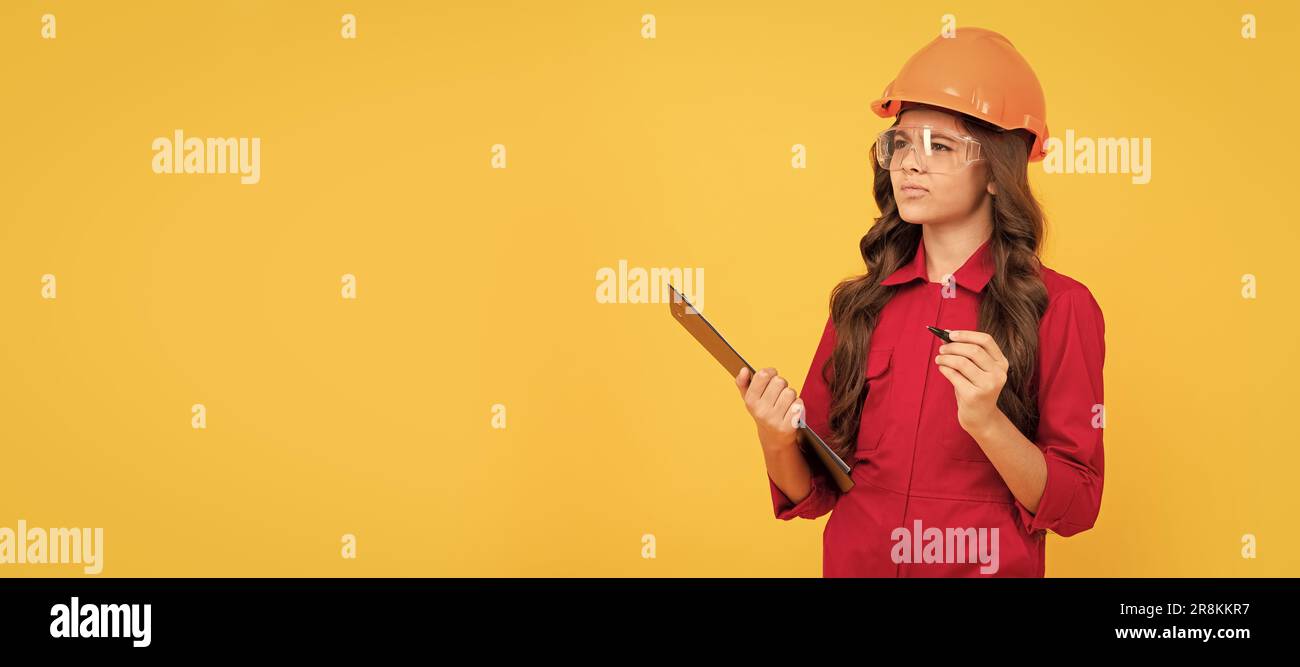 find the solution. teen girl in protective glasses. child wear ...