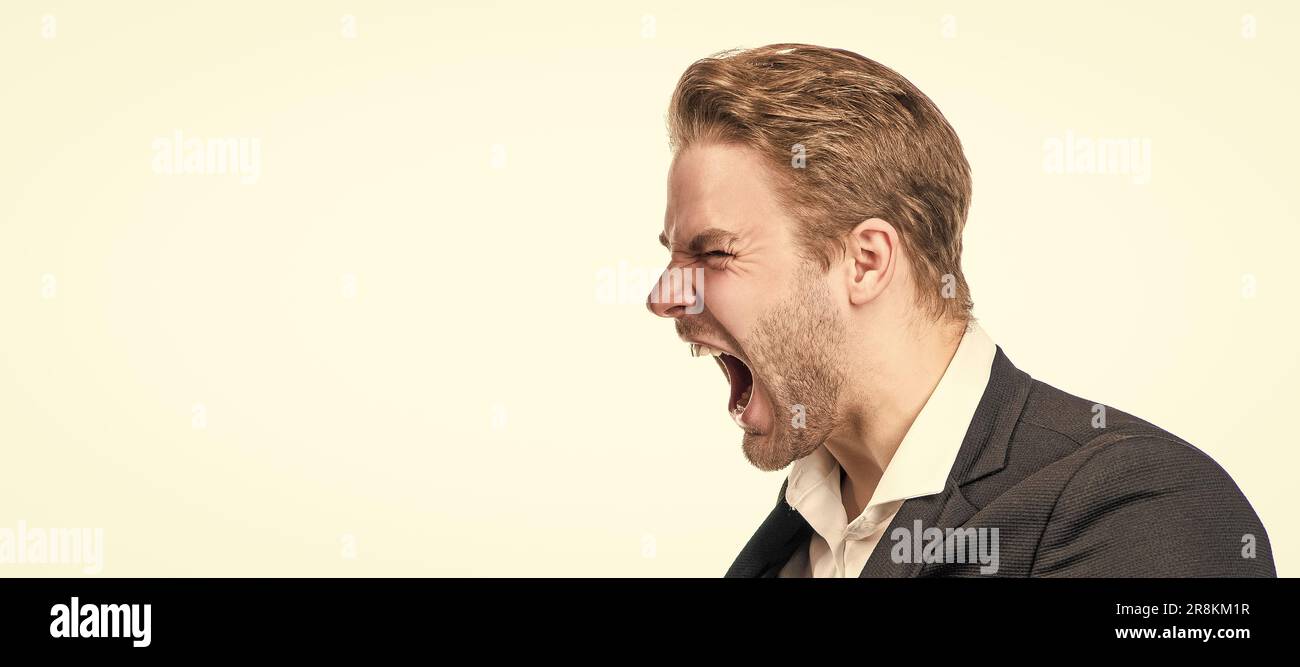 Roar of anger. Businessman scream in anger. Angry manager. Man face ...