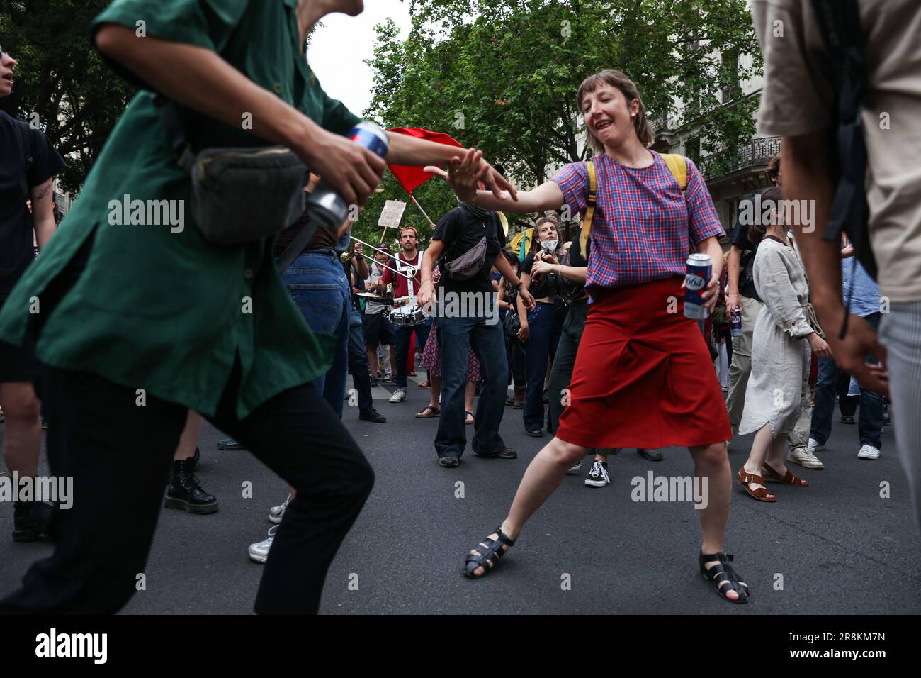 Paris, France. 21st June, 2023. Two protesters dancing. After the ...