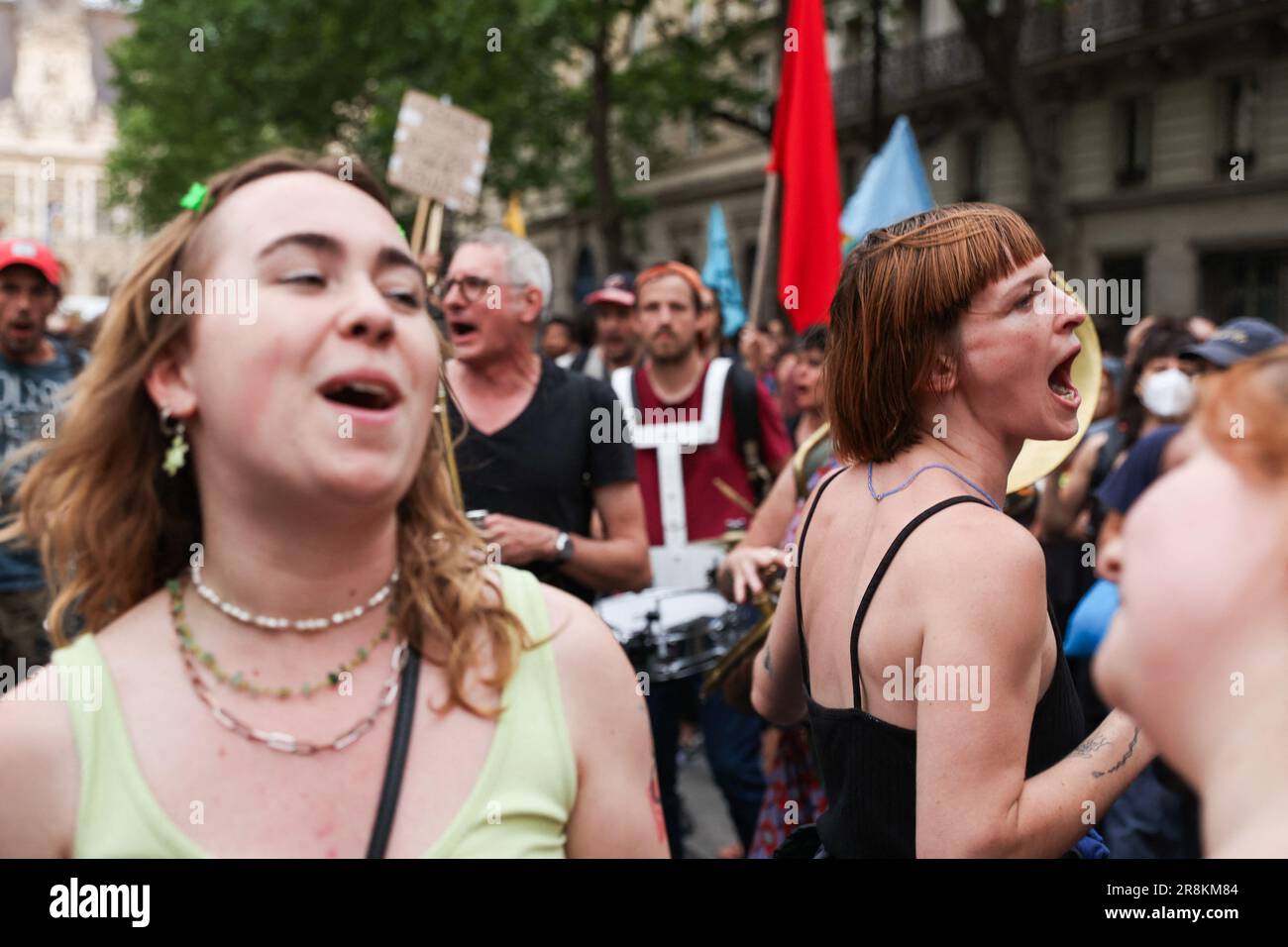 Paris, France. 21st June, 2023. Two protesters dancing. After the ...