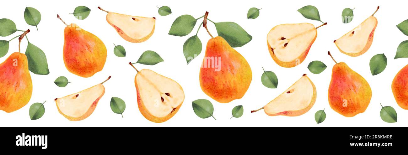 Fruit seamless border. Half, whole, pieces of yellow pear with leaves ...