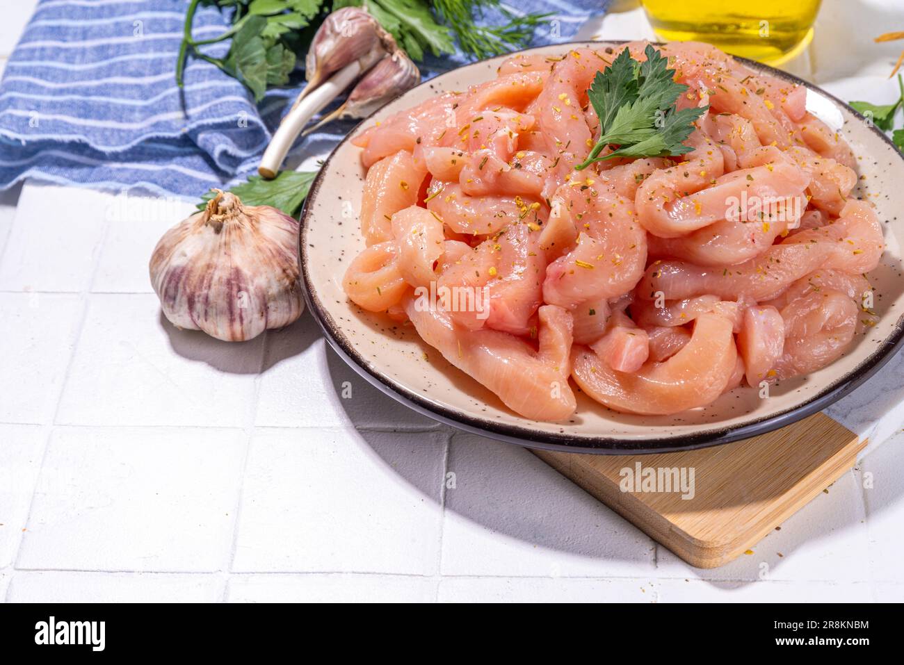 Cooking diet white poultry meat background. Fresh sliced chicken strips ...