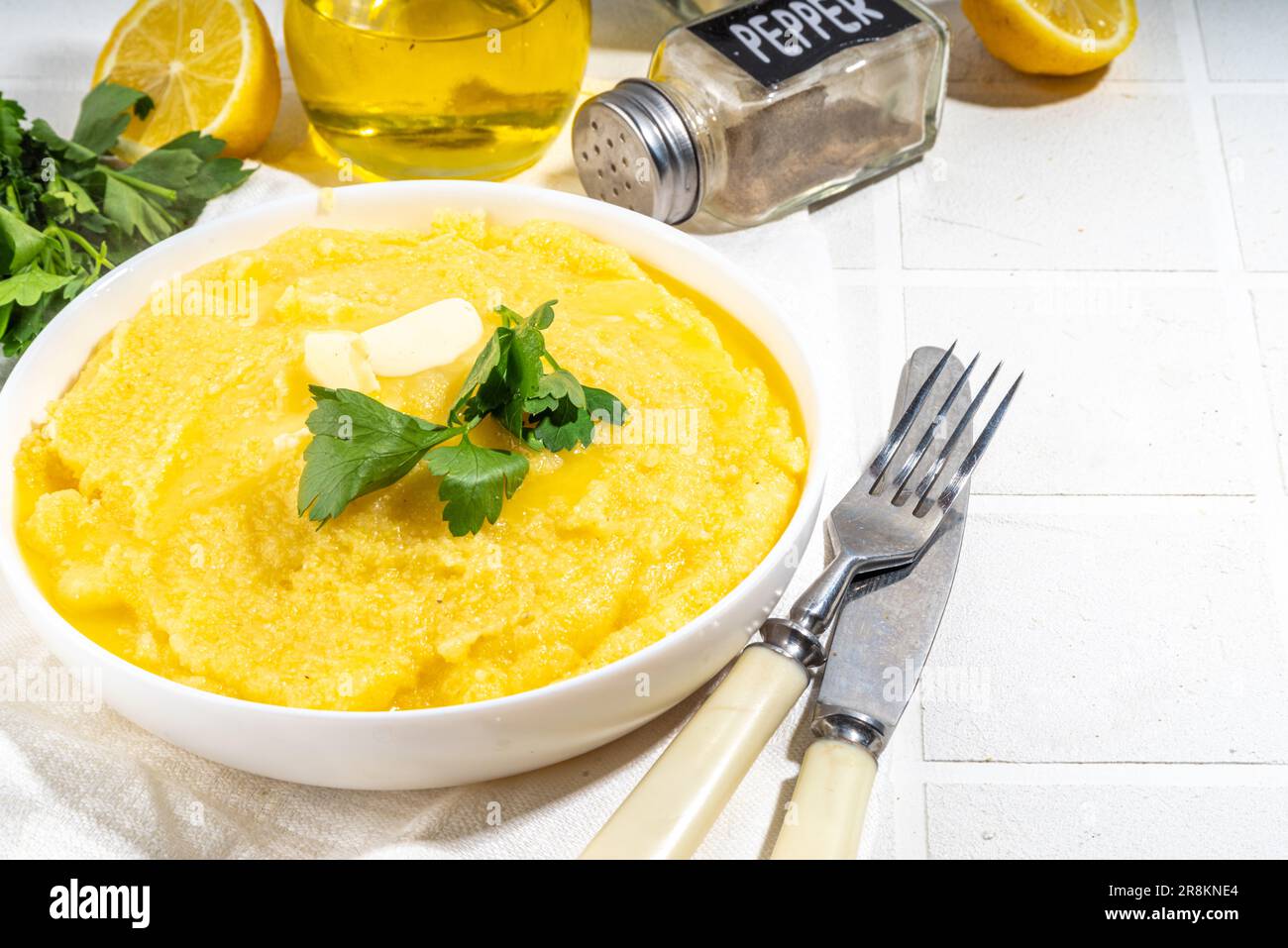 Portioned cornmeal polenta flour porridge bowl. Ready for eating dinner ...