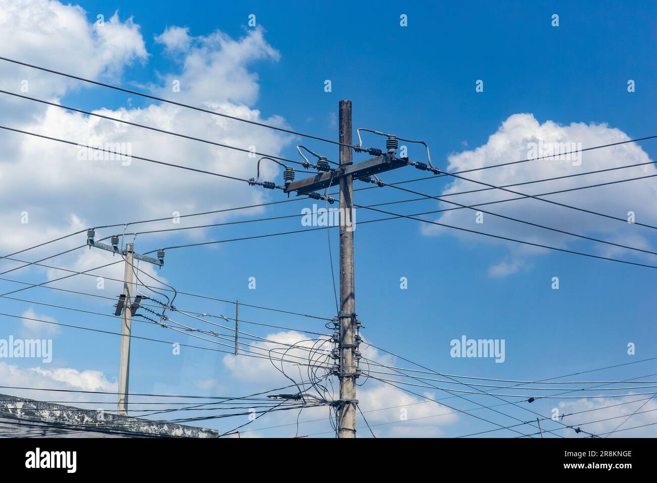 Typically complicated pattern of electricty power cables and wires ...