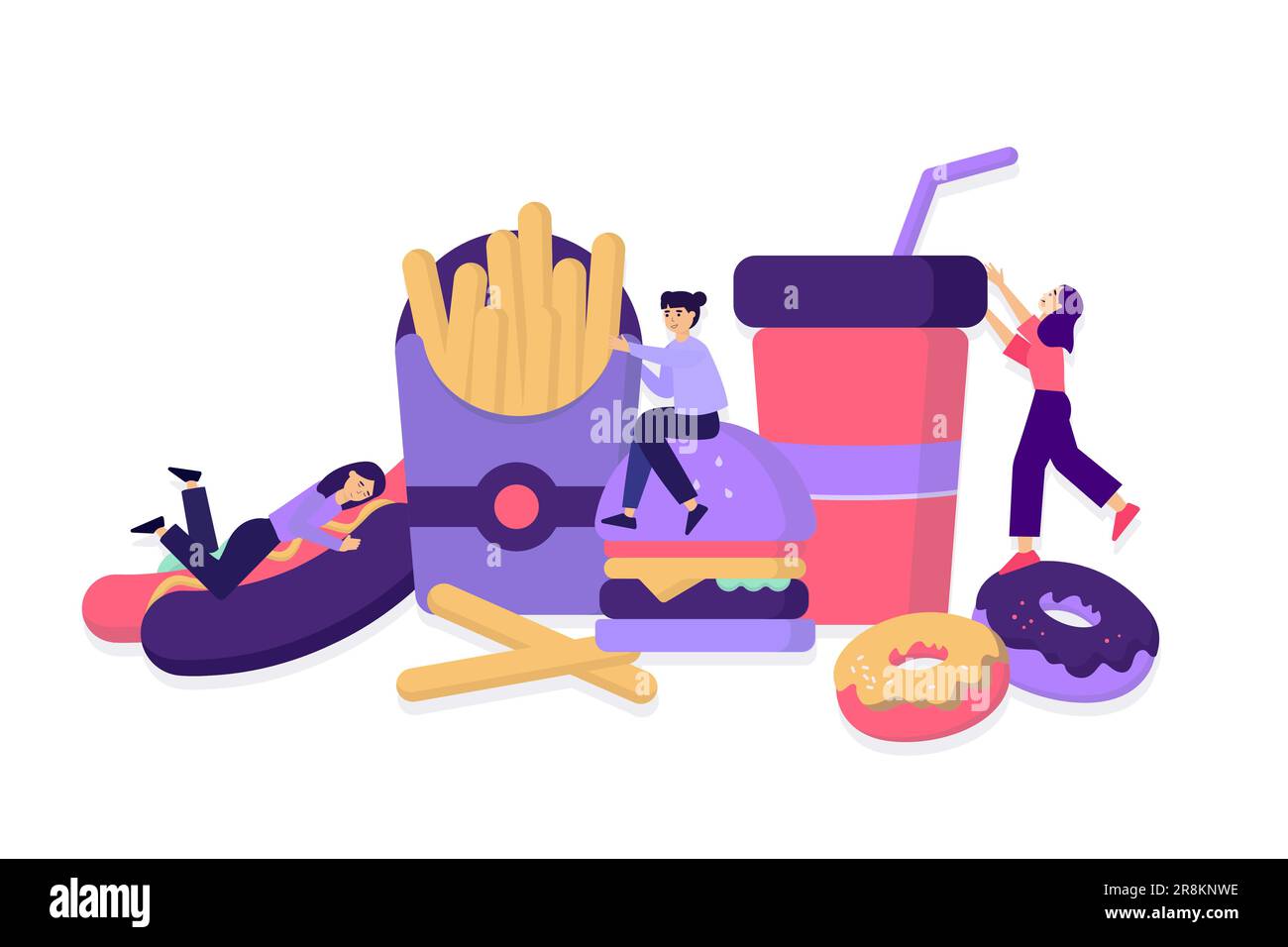 Tiny cartoon characters eating huge American fastfood Stock Vector ...