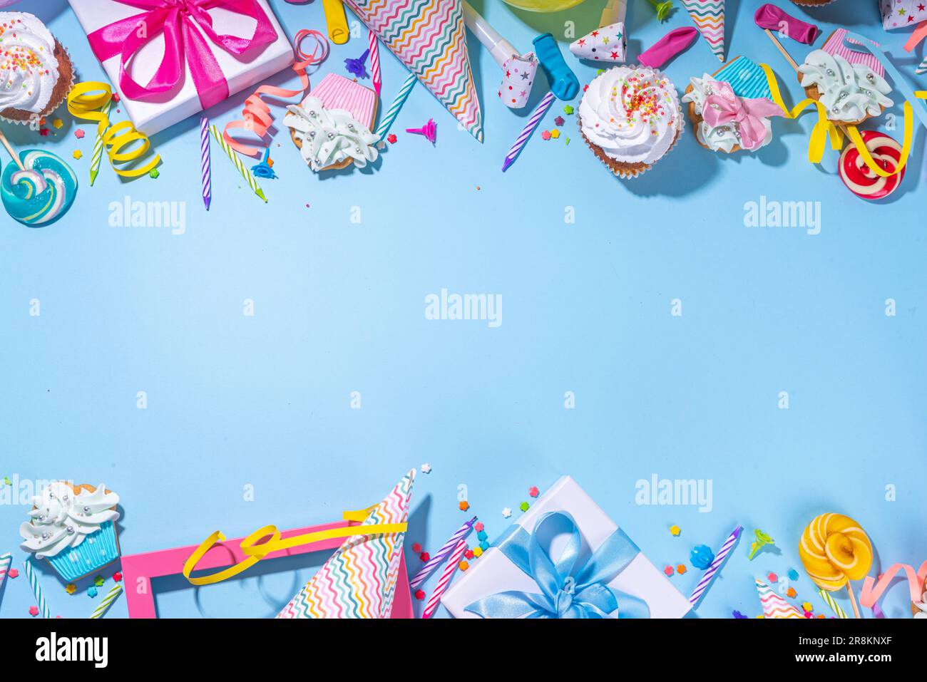 Happy birthday greeting card background. Flatlay with colorful holiday ...