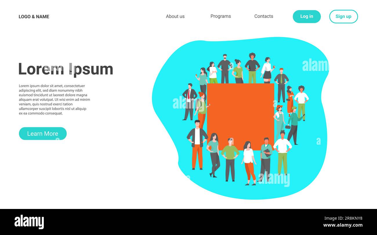 Crowd of diverse people standing together around empty banner Stock ...