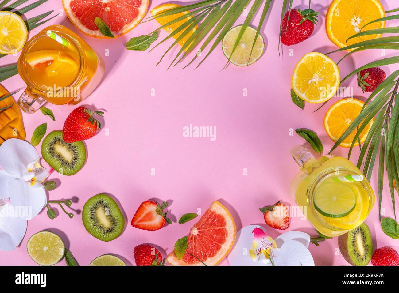 Set of summer cold lemonade mocktails, with fresh fruits and citrus ...