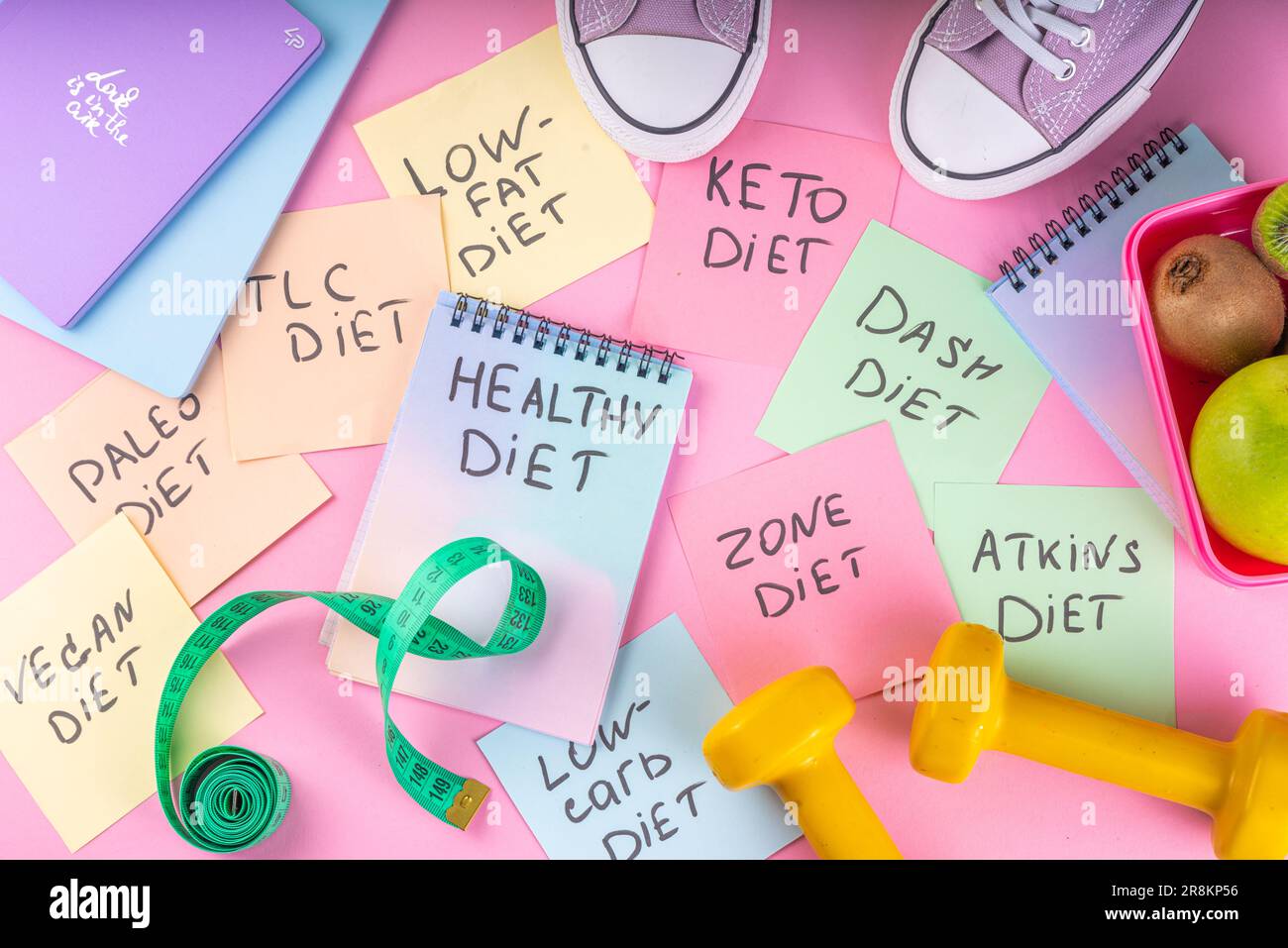 Slimming, fitness flat lay. Diet choice concept with bright handwritten ...