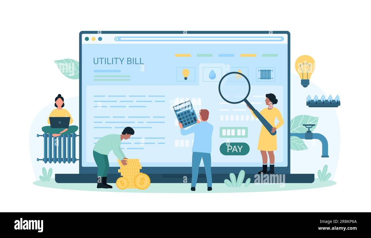Payment of utility bills vector illustration. Cartoon tiny people hold calculator, money and ...
