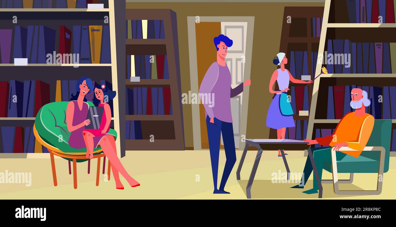 Family gathering in home library Stock Vector Image & Art - Alamy