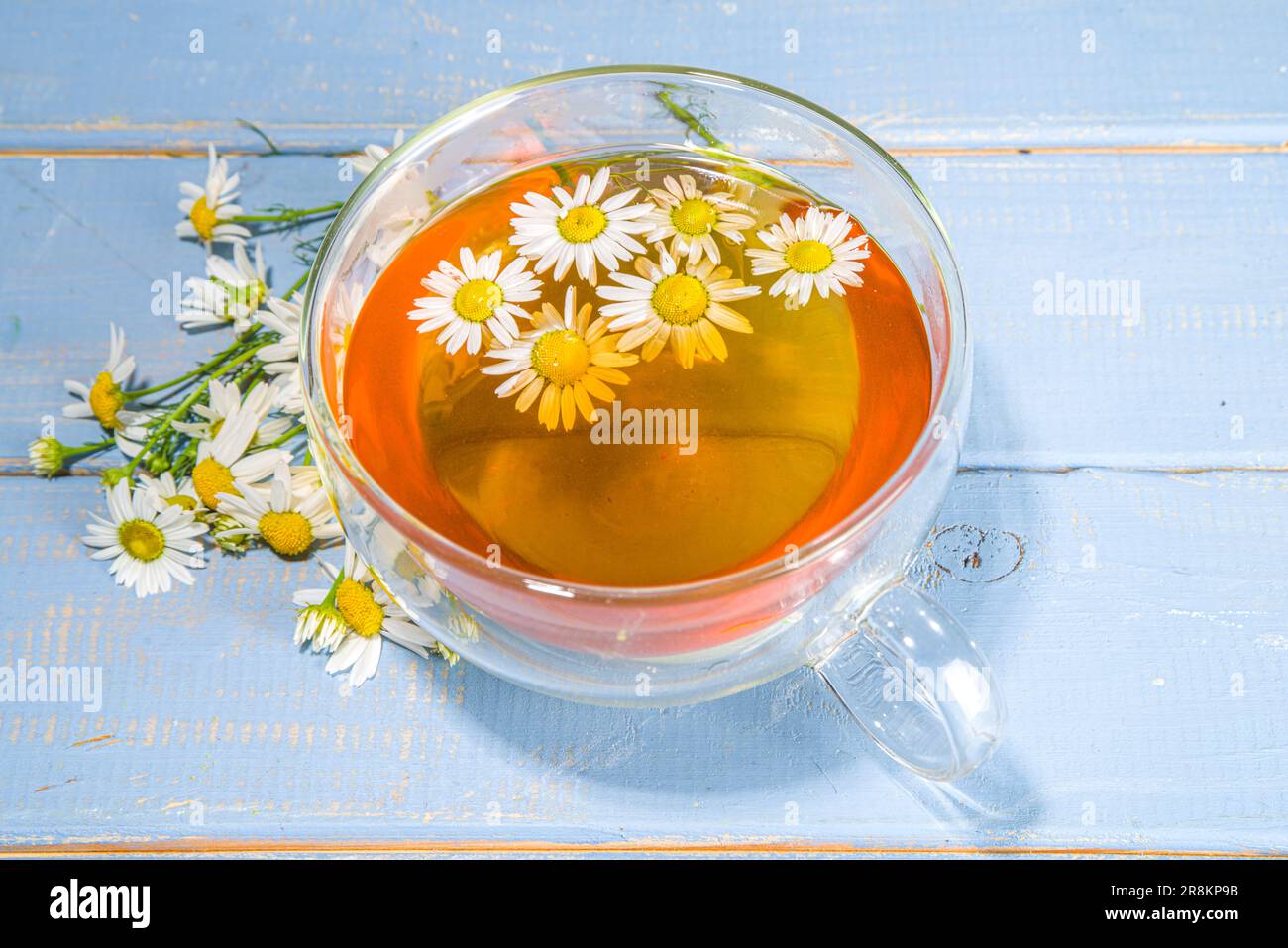 Cup of brewed chamomile tea with bouquet of chamomile daisy, blue ...