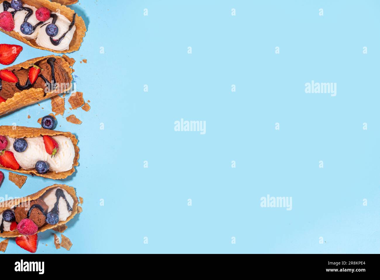 Various sweet taco ice creams. Waffle taco shells with chocolate and ...