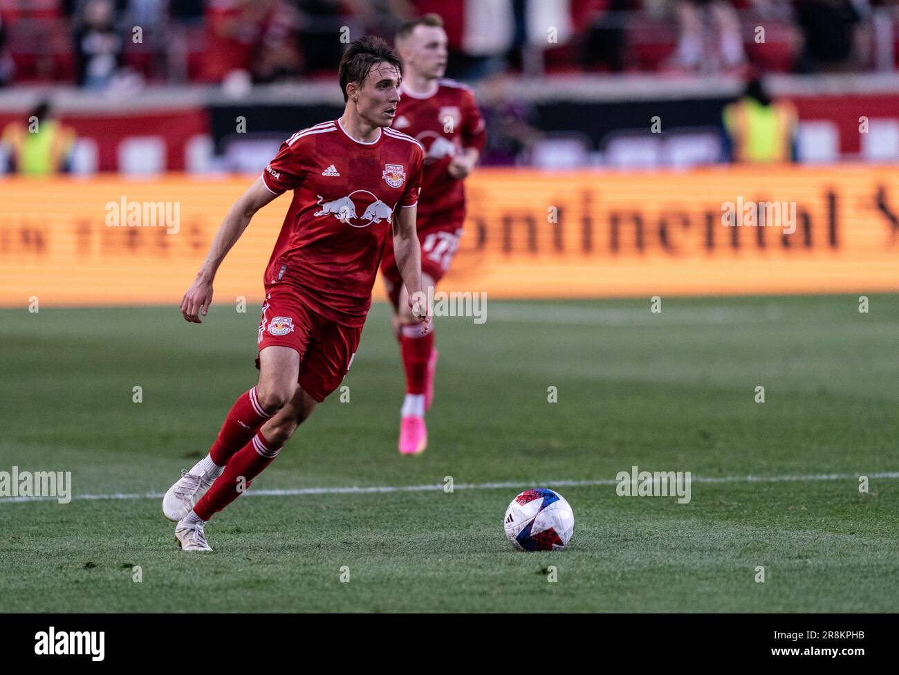 Harrison, USA. 21st June, 2023. Peter Stroud (5) of Red Bulls control ...