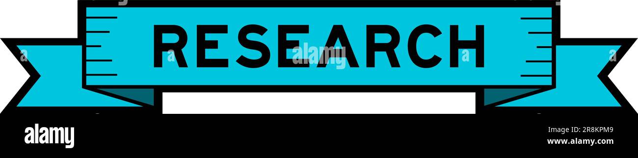 Ribbon label banner with word research in blue color on white ...