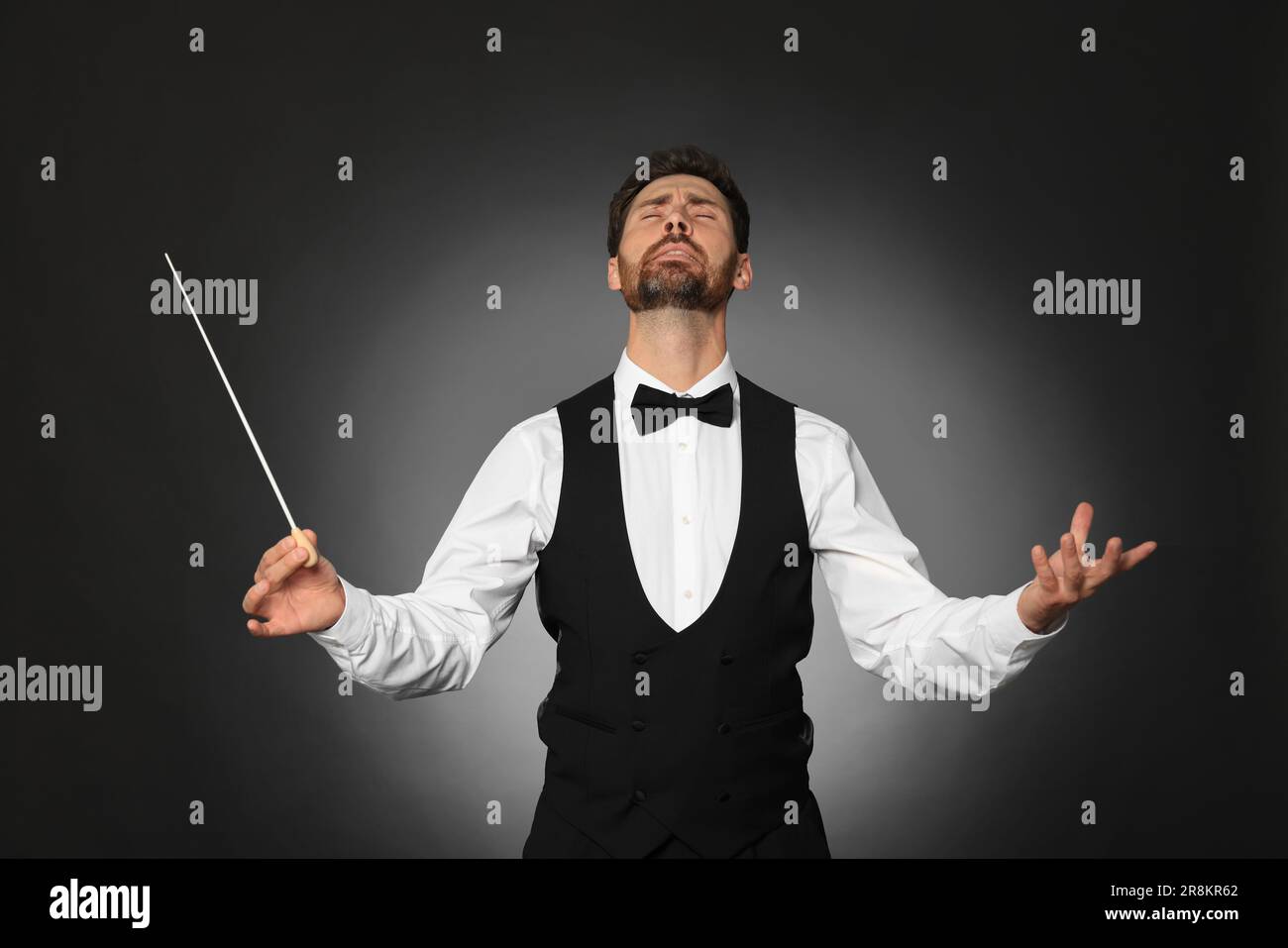 Professional conductor with baton on black background Stock Photo - Alamy