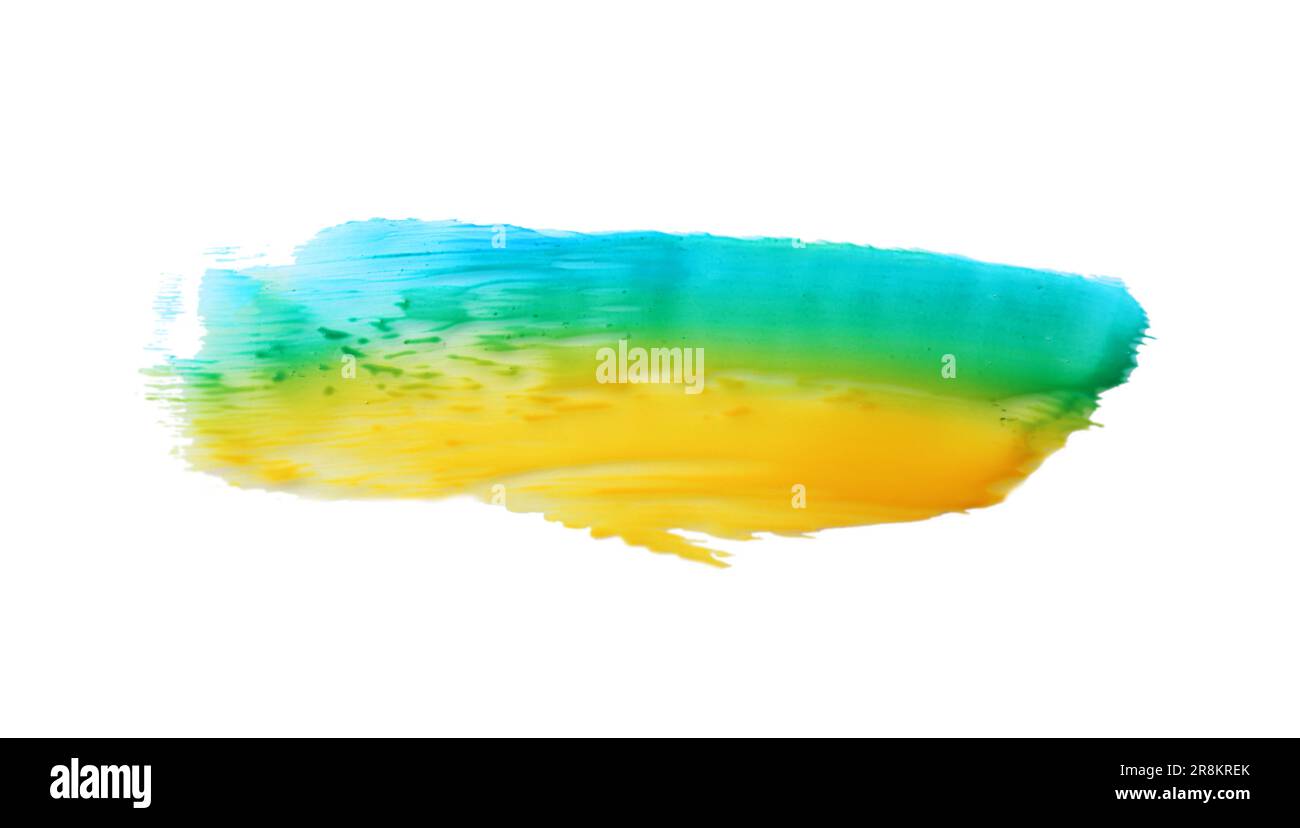 Light blue and yellow paint samples on white background, top view Stock ...