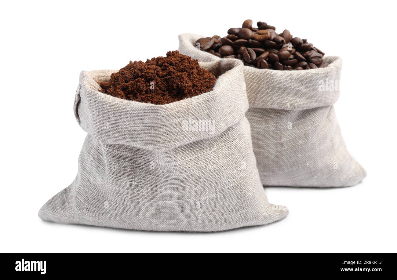 Bags with ground coffee and roasted beans on white background Stock ...