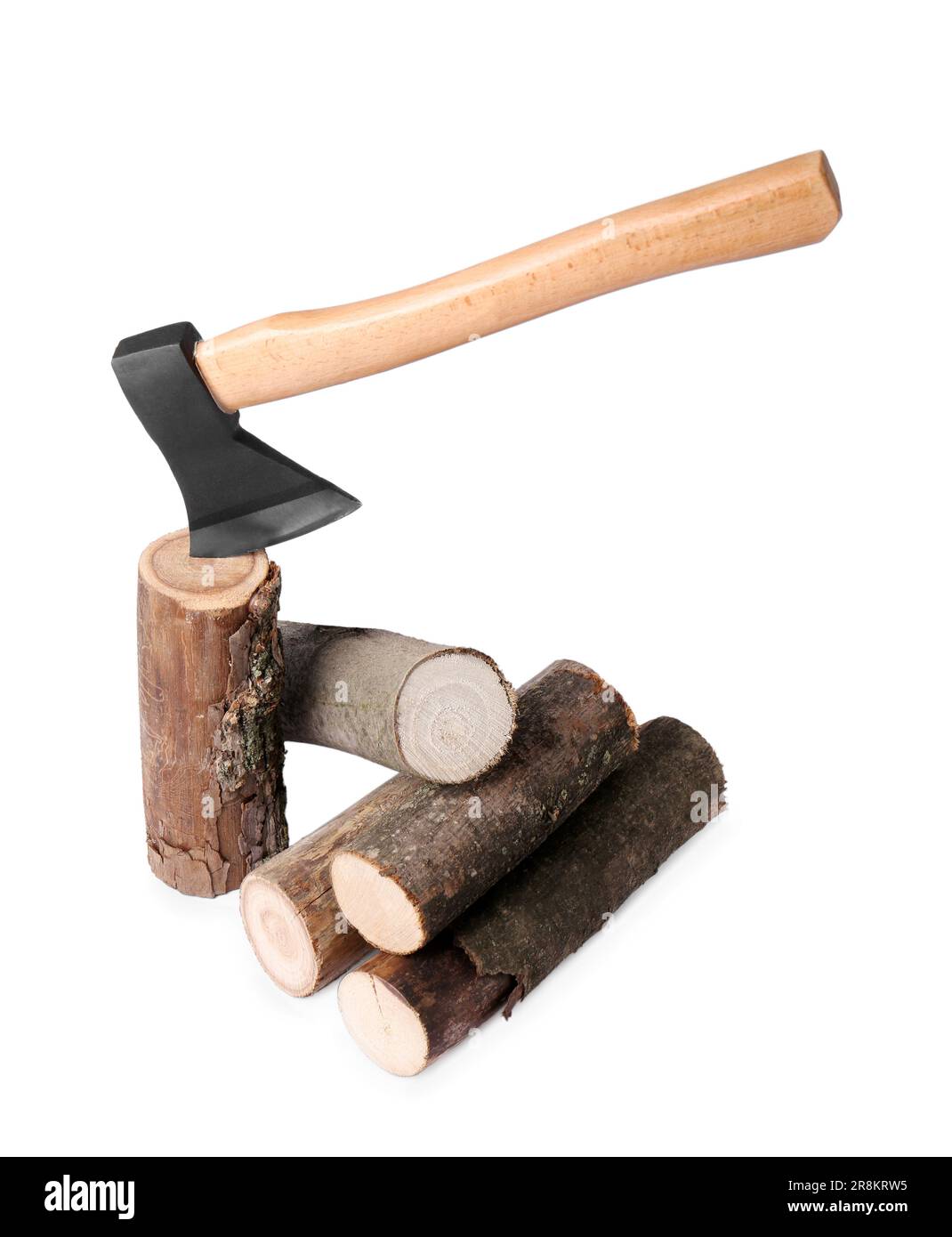 Metal ax and wood logs on white background Stock Photo - Alamy