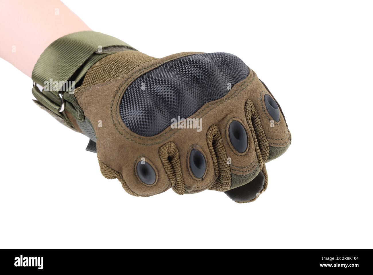 Man wearing tactical glove on white background, closeup. Military ...
