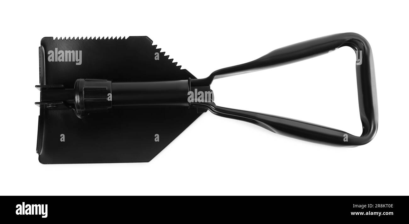 Foldable sapper shovel isolated on white, top view. Military training ...