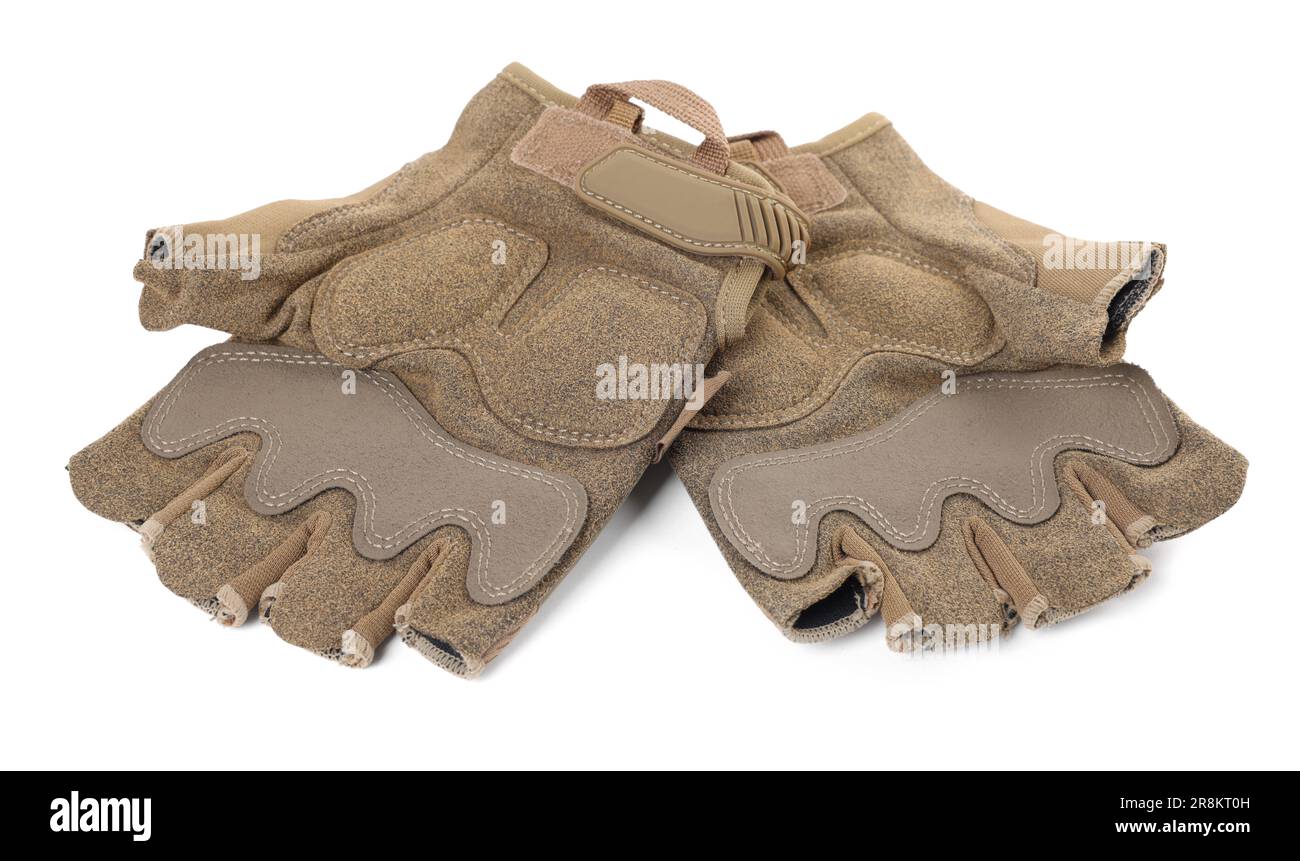 Tactical gloves on white background. Military training equipment Stock ...