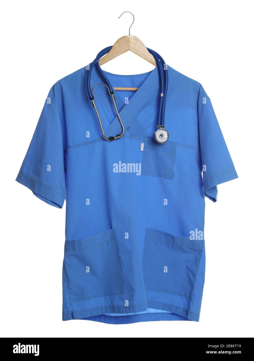 Light blue medical uniform and stethoscope on white background Stock ...