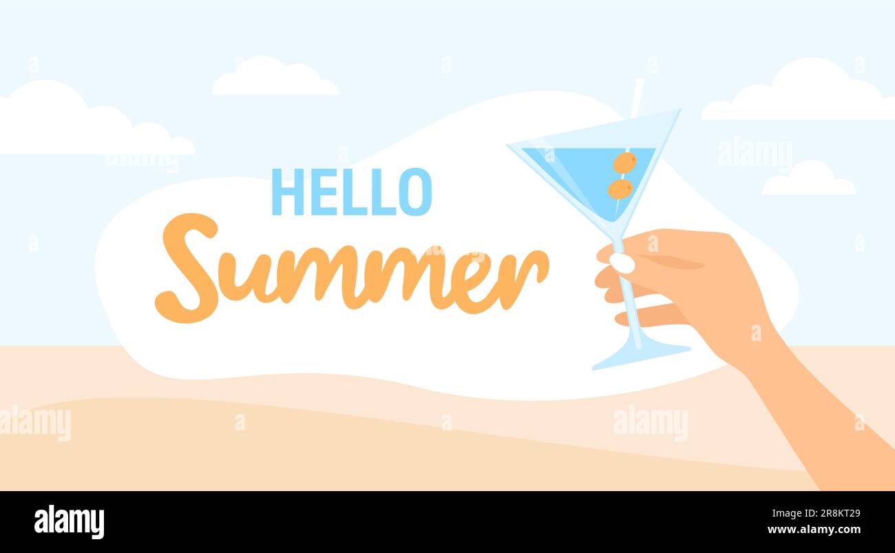 Hand with cocktail and text message hello summer on a beach background ...