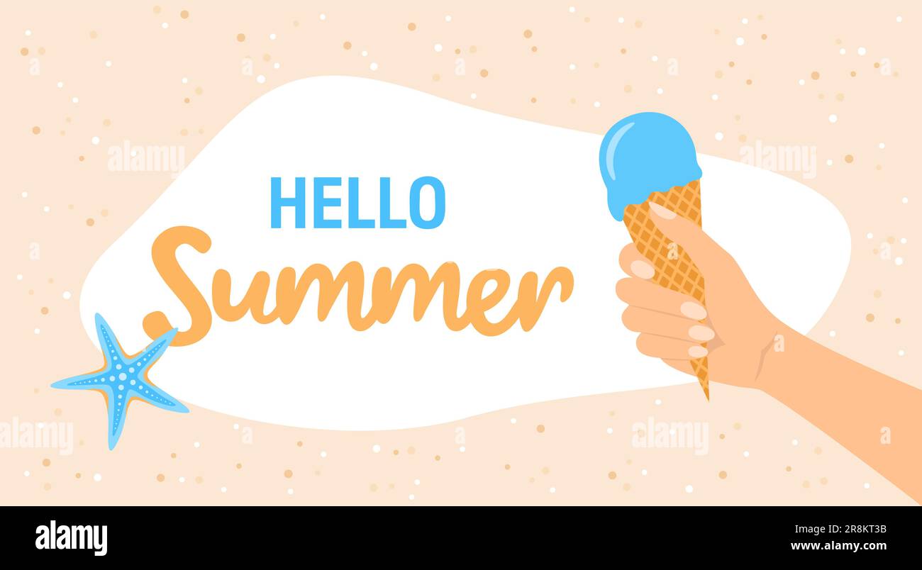 Hand holding ice cream, text hello summer and starfish on a sand ...