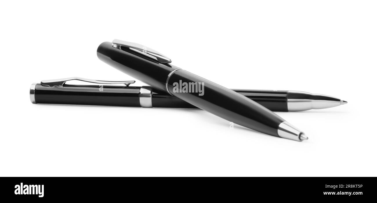 New stylish black pens isolated on white Stock Photo - Alamy