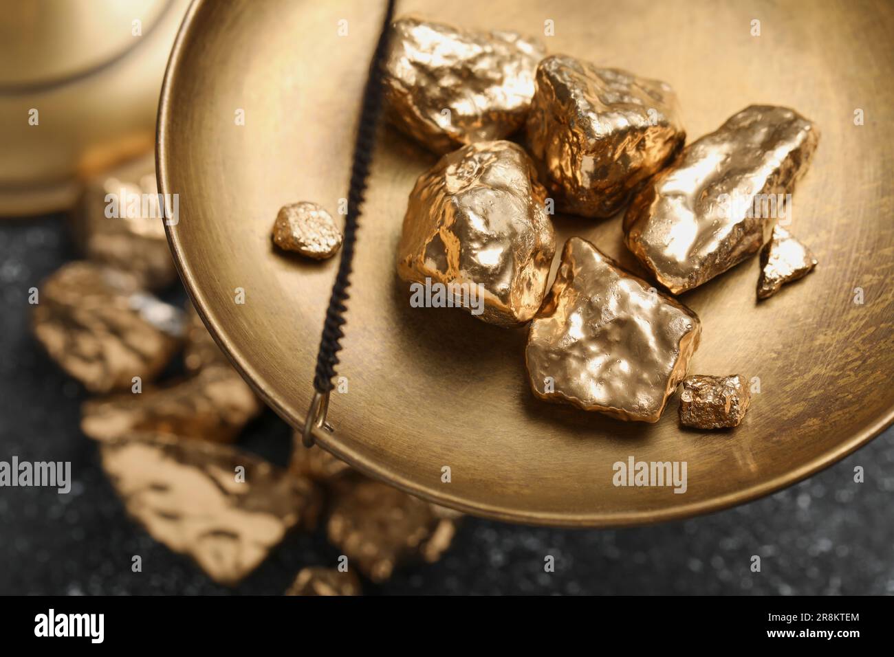 Vintage scales with gold nuggets on grey table, above view Stock Photo - Alamy
