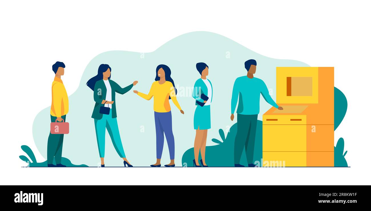 People waiting in queue for bank machine Stock Vector Image & Art - Alamy